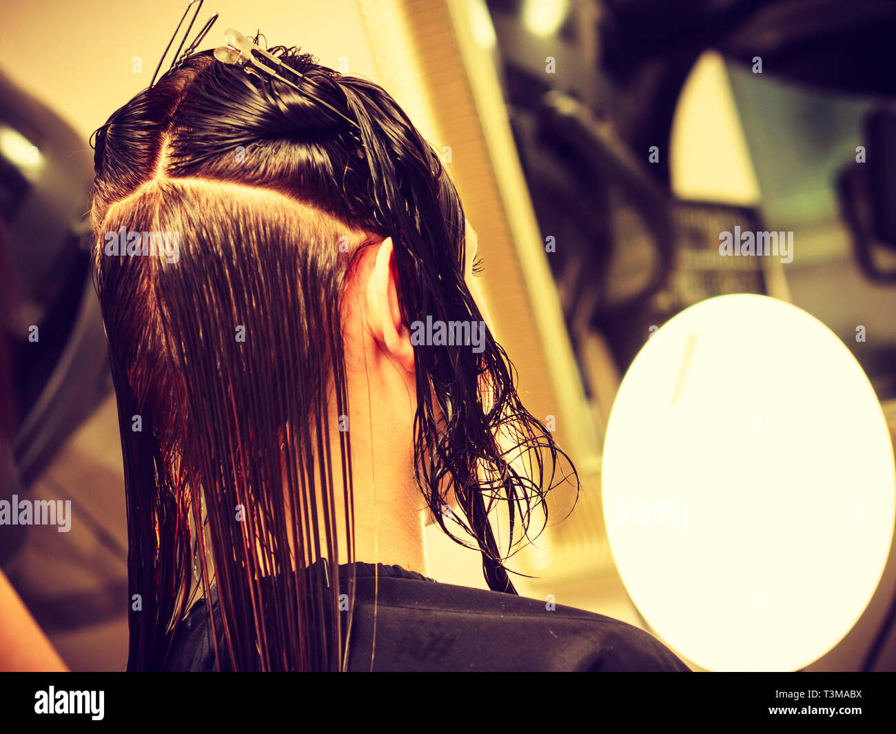 Haircare, wellness concept. Woman with dark hair getting her hairstyle ...