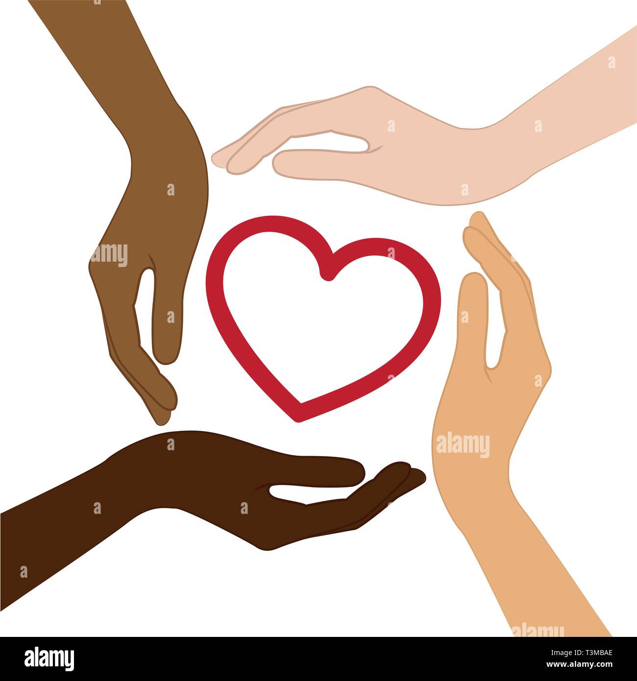 heart in the middle of human hands with different skin colors vector ...