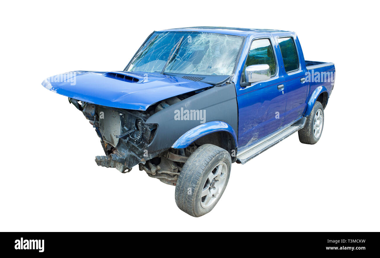 blue wrecked car after accident isolated on white Stock Photo - Alamy