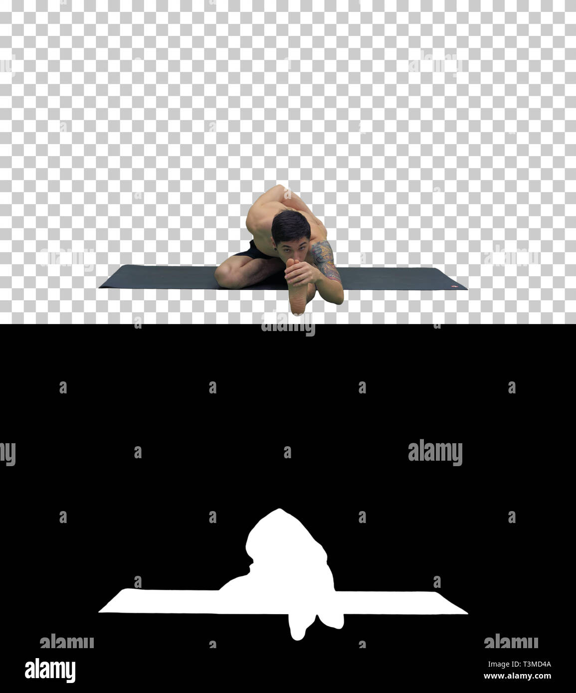 Young man practicing yoga in half hero stretch pose, Alpha Channel ...