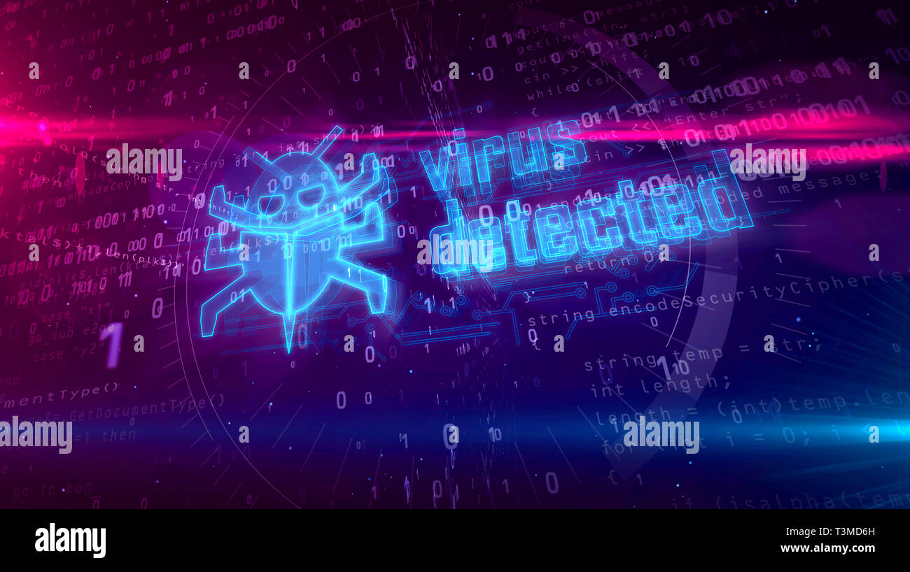 Virus detected hologram on digital background. Danger alert, worm ...