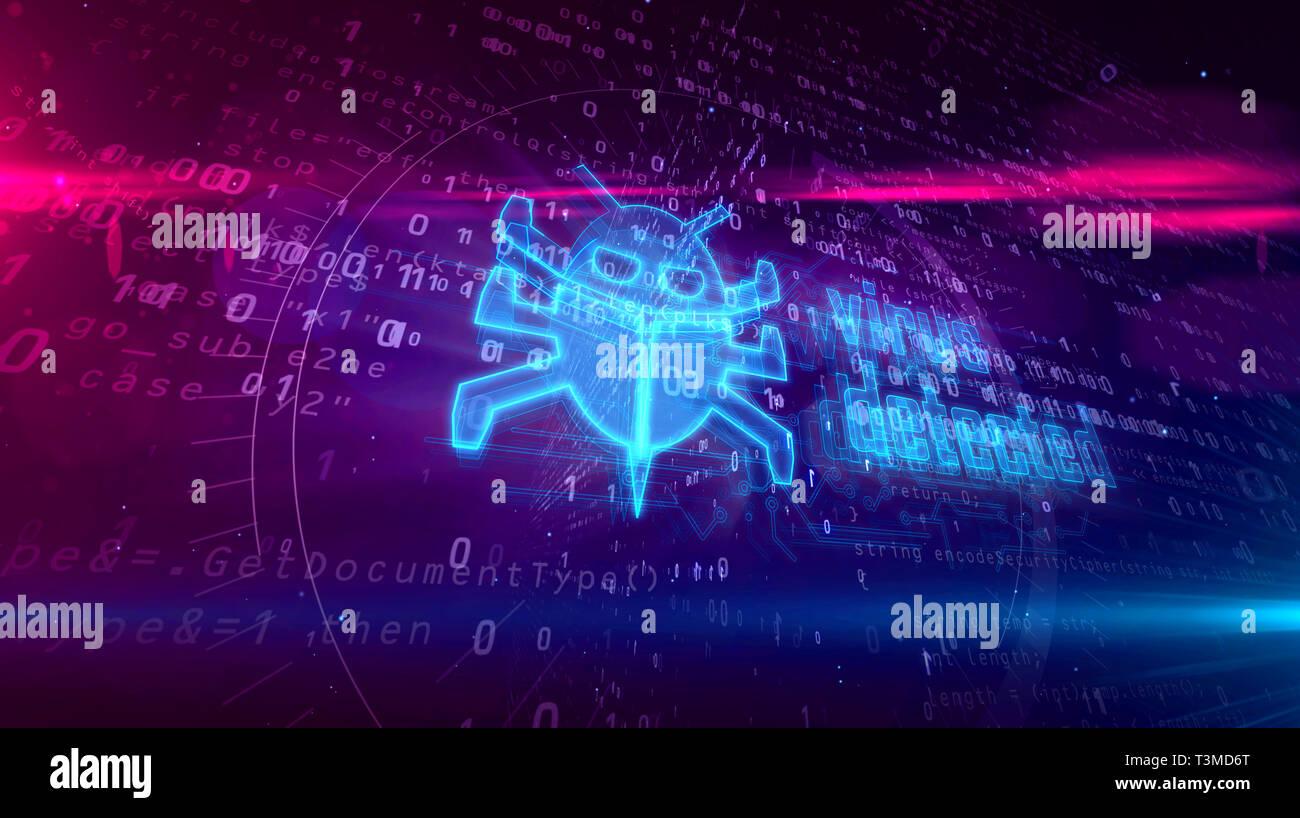 Virus detected hologram on digital background. Danger alert, worm ...
