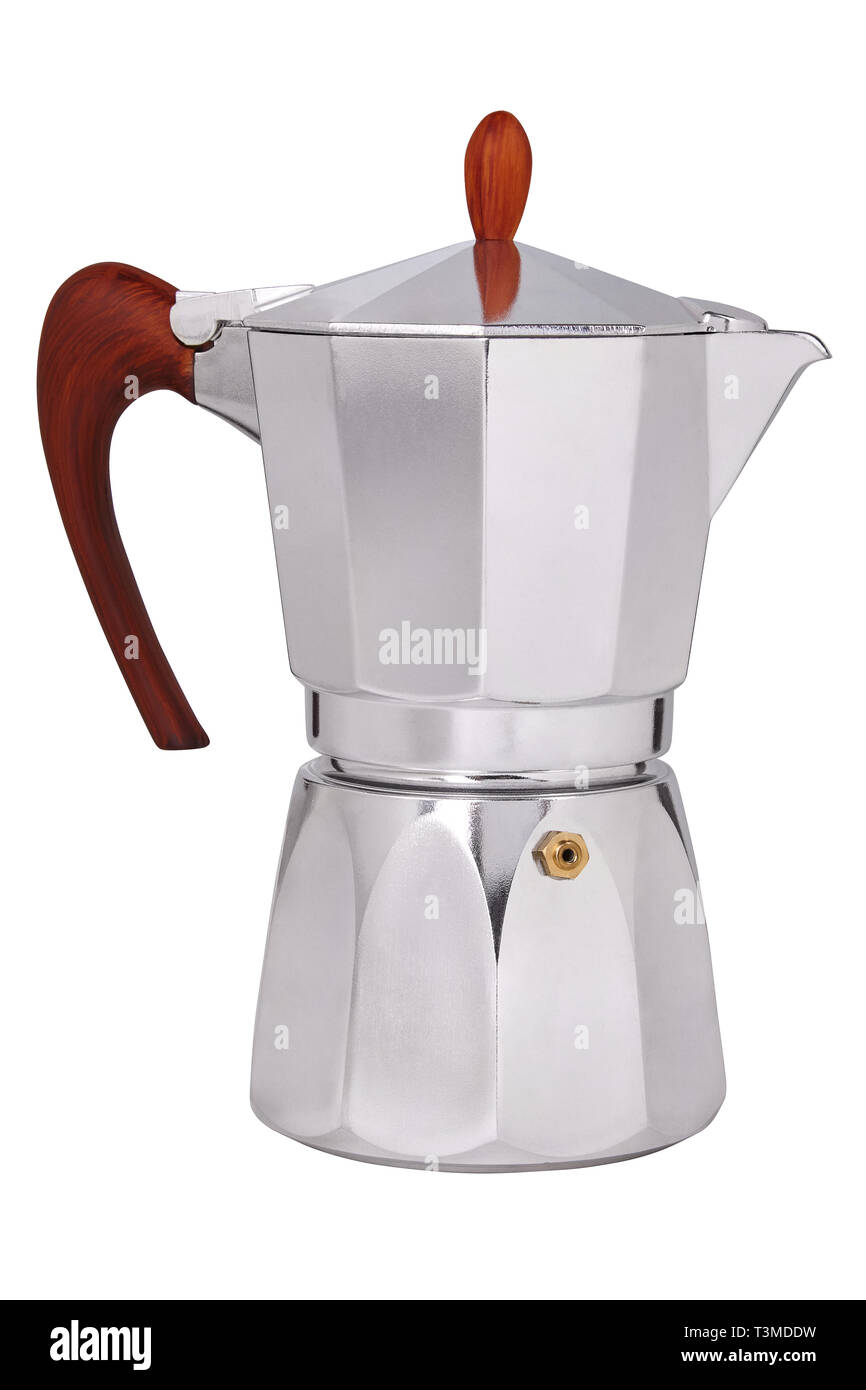 Metallic geyser coffee pot, coffee maker isolated on white background ...