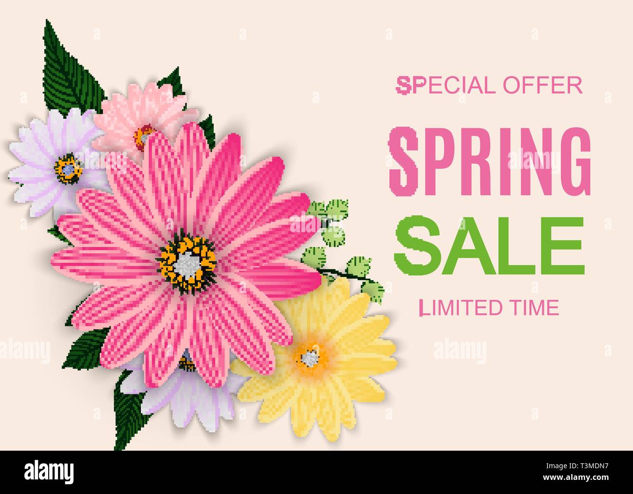 Spring Sale Cute Background with Colorful Flower Elements. Vector ...