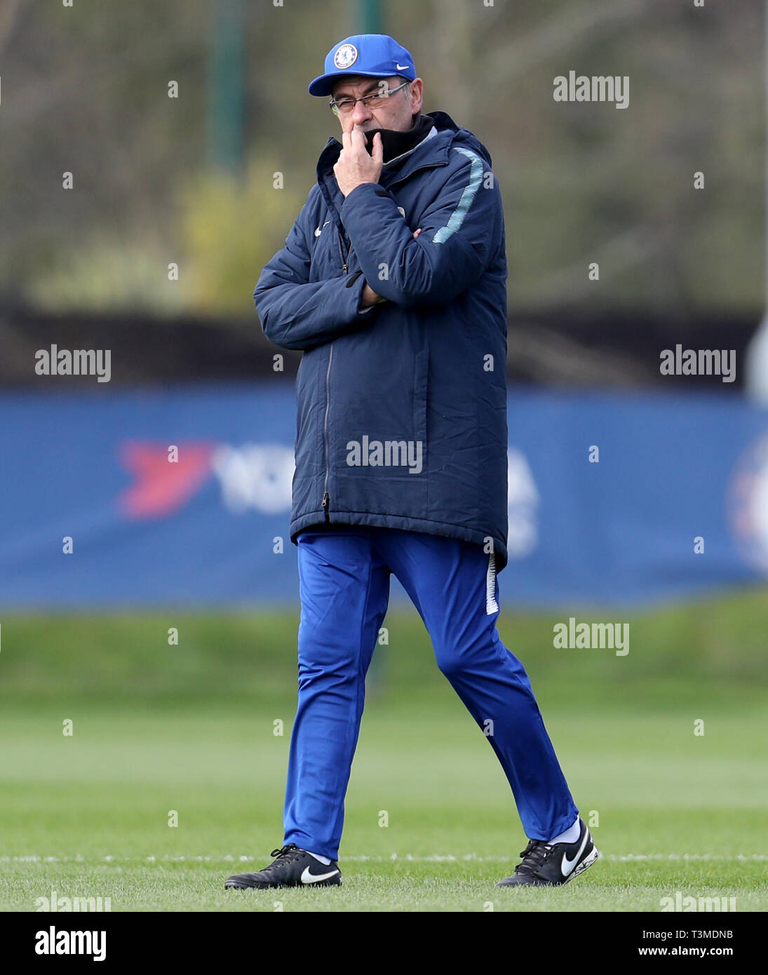 Chelsea's Maurizio Sarri during the training session at Cobham Training ...