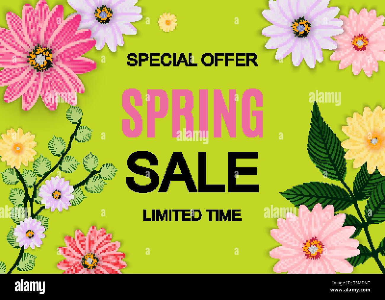 Spring Sale Cute Background with Colorful Flower Elements. Vector ...