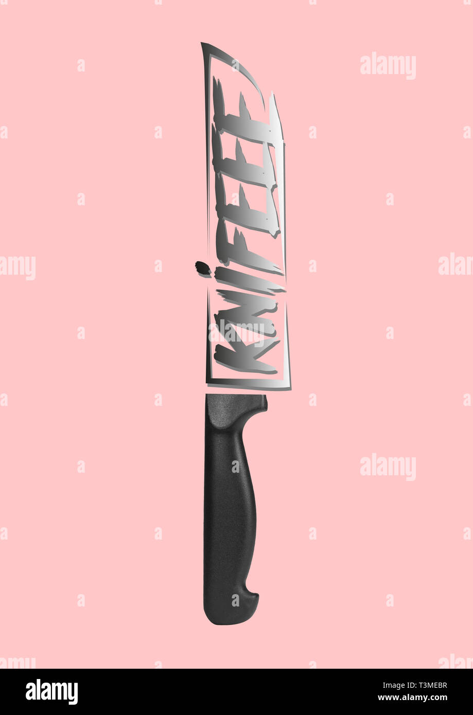 Word can hurt more than a knife. Acute kitchen blade as a grey steel ...