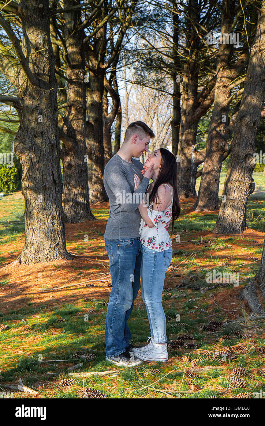 Newly engaged Caucasian couple lovingly sharing time together while ...