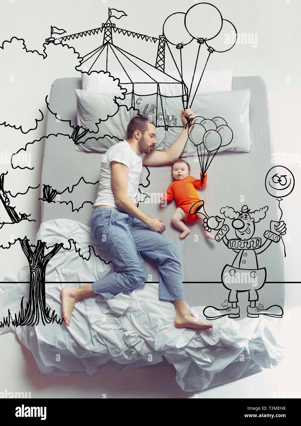 Circus brings bright emotions. Top view photo of young man and his ...