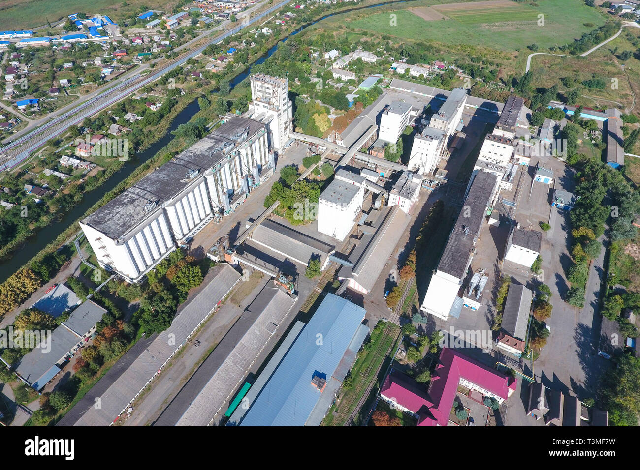Top view of a silo elevator. The huge building for storing and drying ...