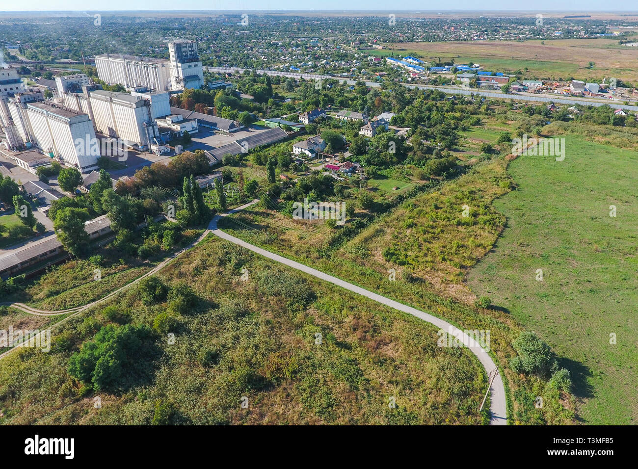 Top view of a silo elevator. The huge building for storing and drying ...