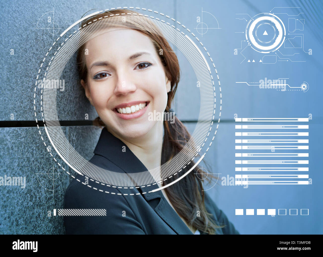 Face recognition of young businesswoman by AI for identification and ...