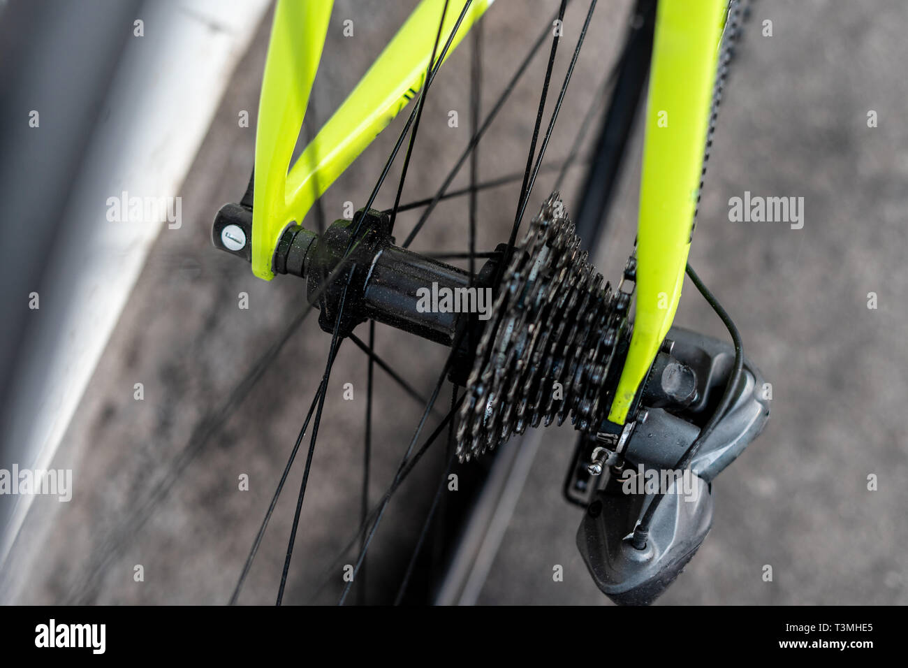 Road bicycle rear wheel hub with multi speed cassette and chain with ...
