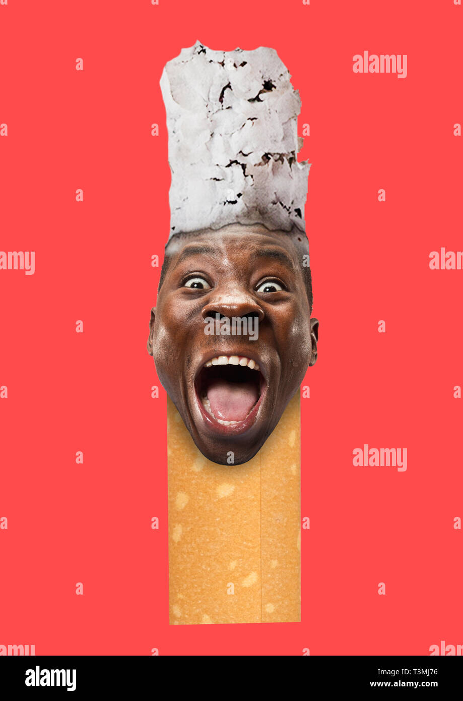 Smoldering brain. African-american man's head inside cigarette against ...