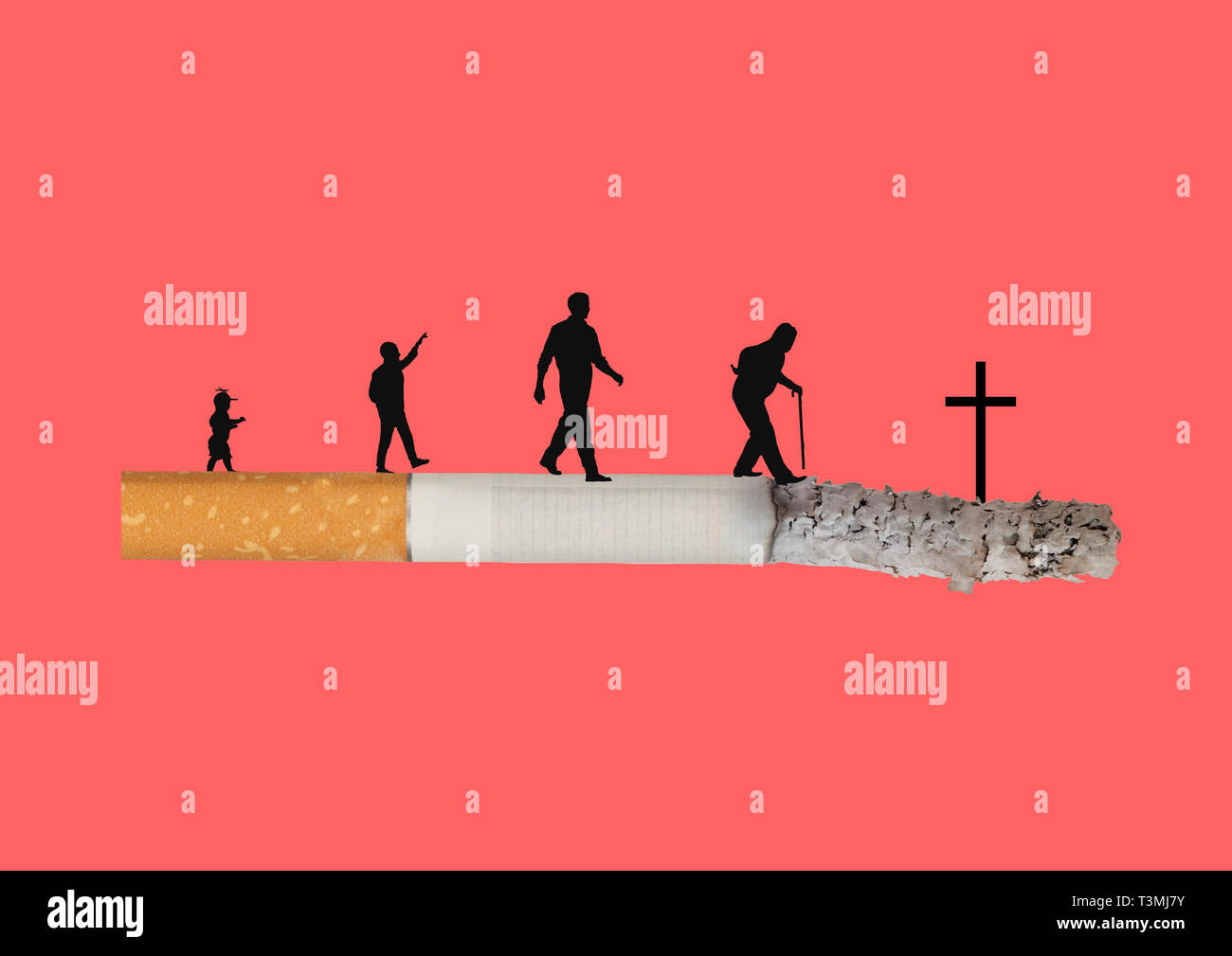 Faster way to die. Smoldering cigarette as a life path with silhouettes ...