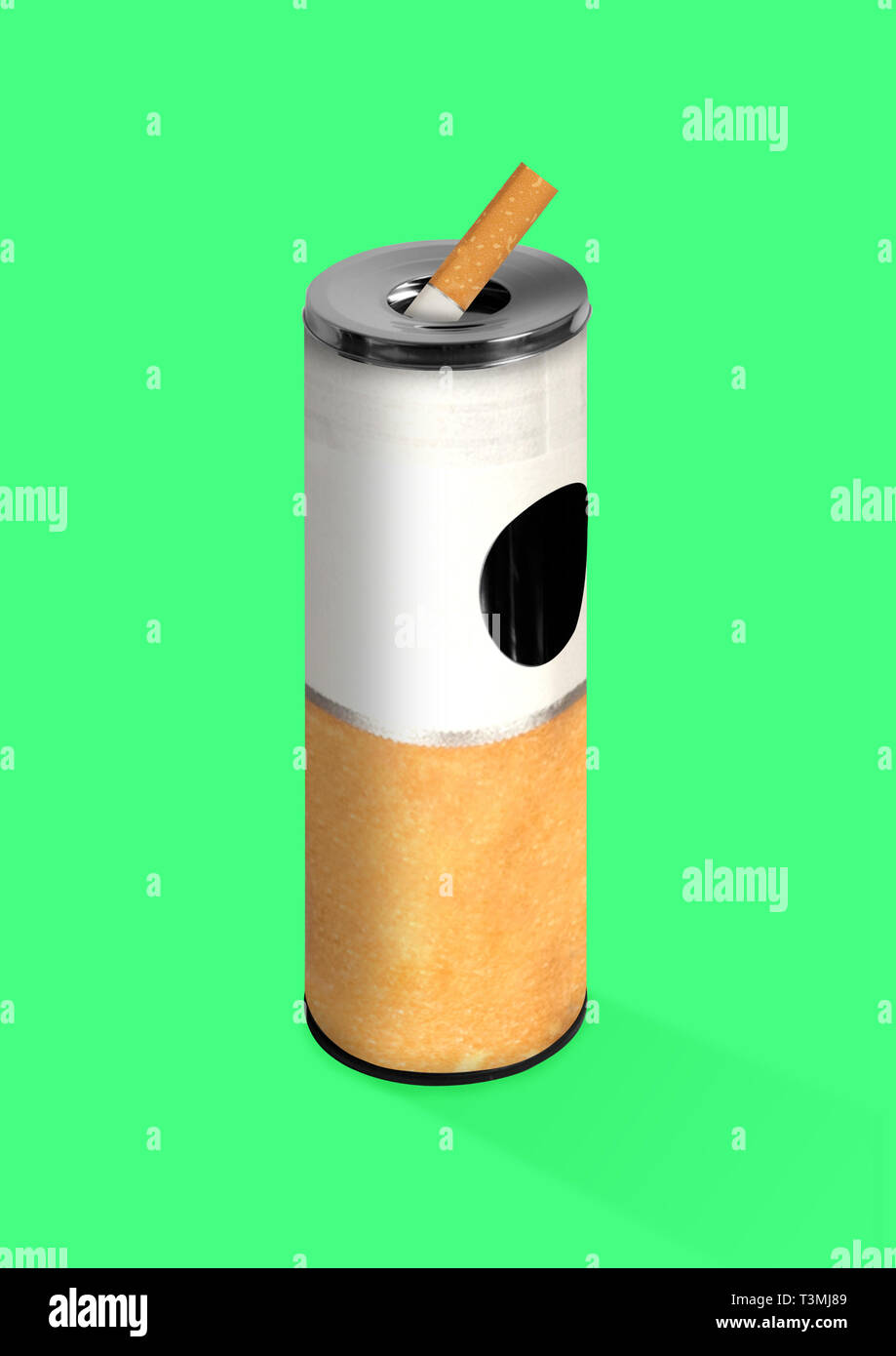 Leave the past smoldering. Trash bin as a cigarette against bright ...