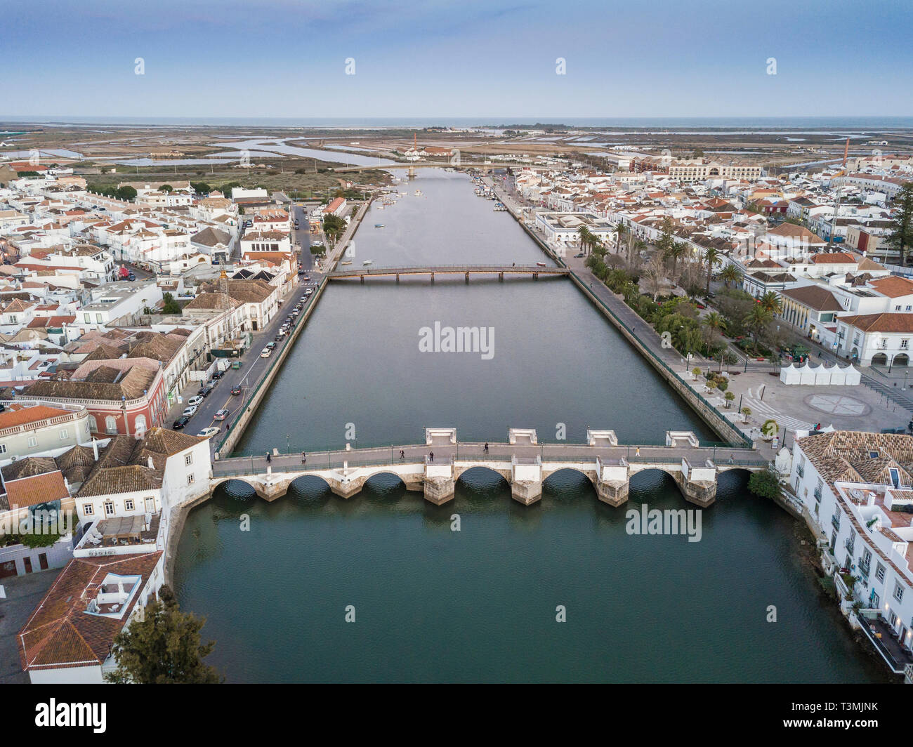 Aerial view of Roman bridge in old fishermen's town called Tavira ...