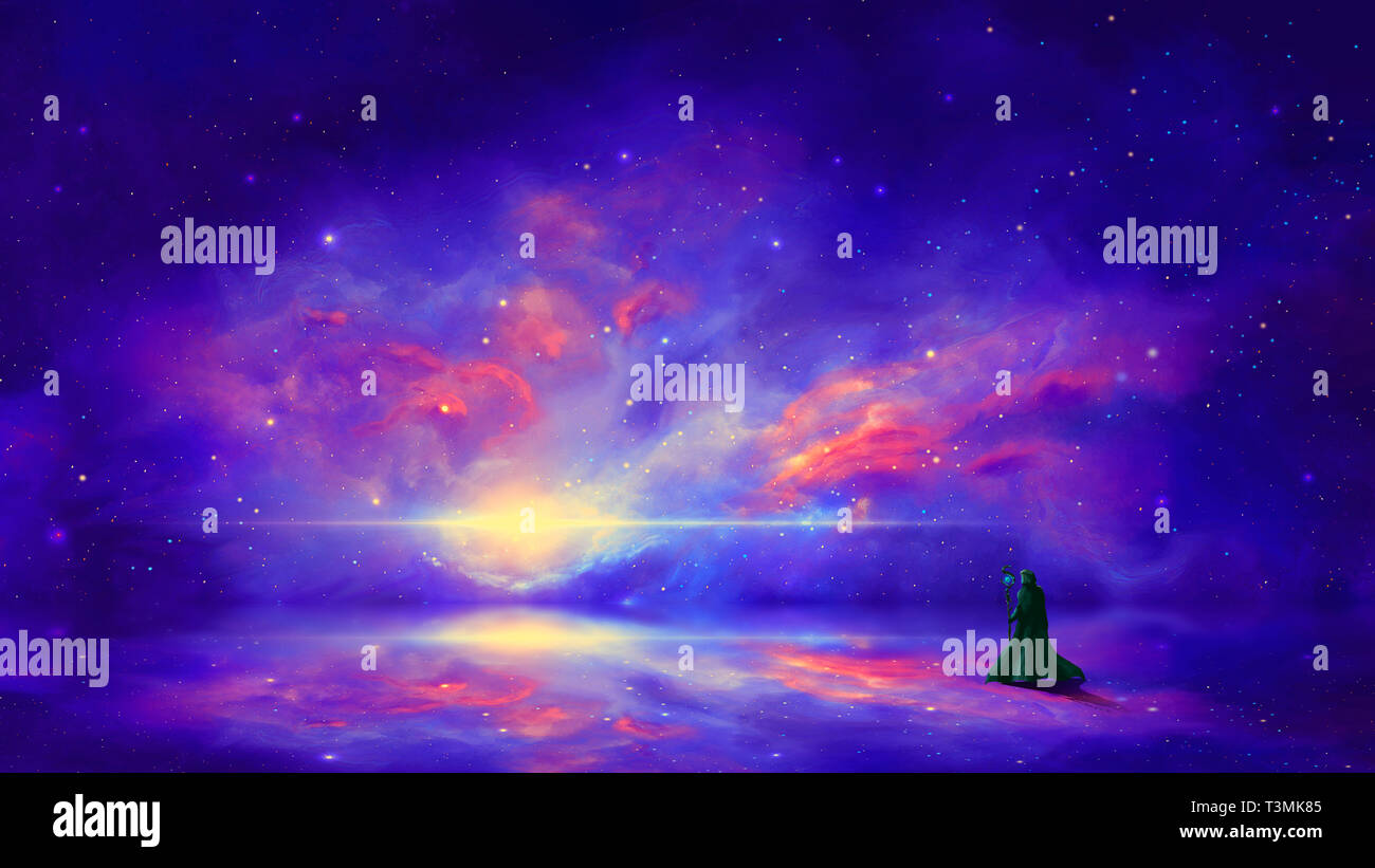 Space scene. Magician with colorful nebula on reflection surface ...