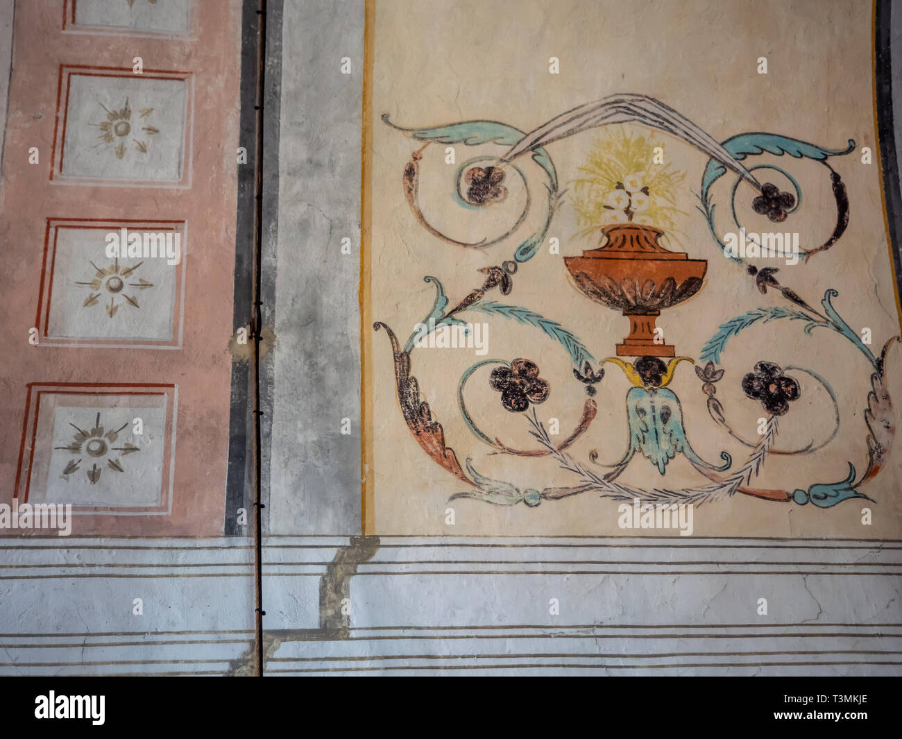 detail of fresco inside 15th Century painted chapel in the French ...
