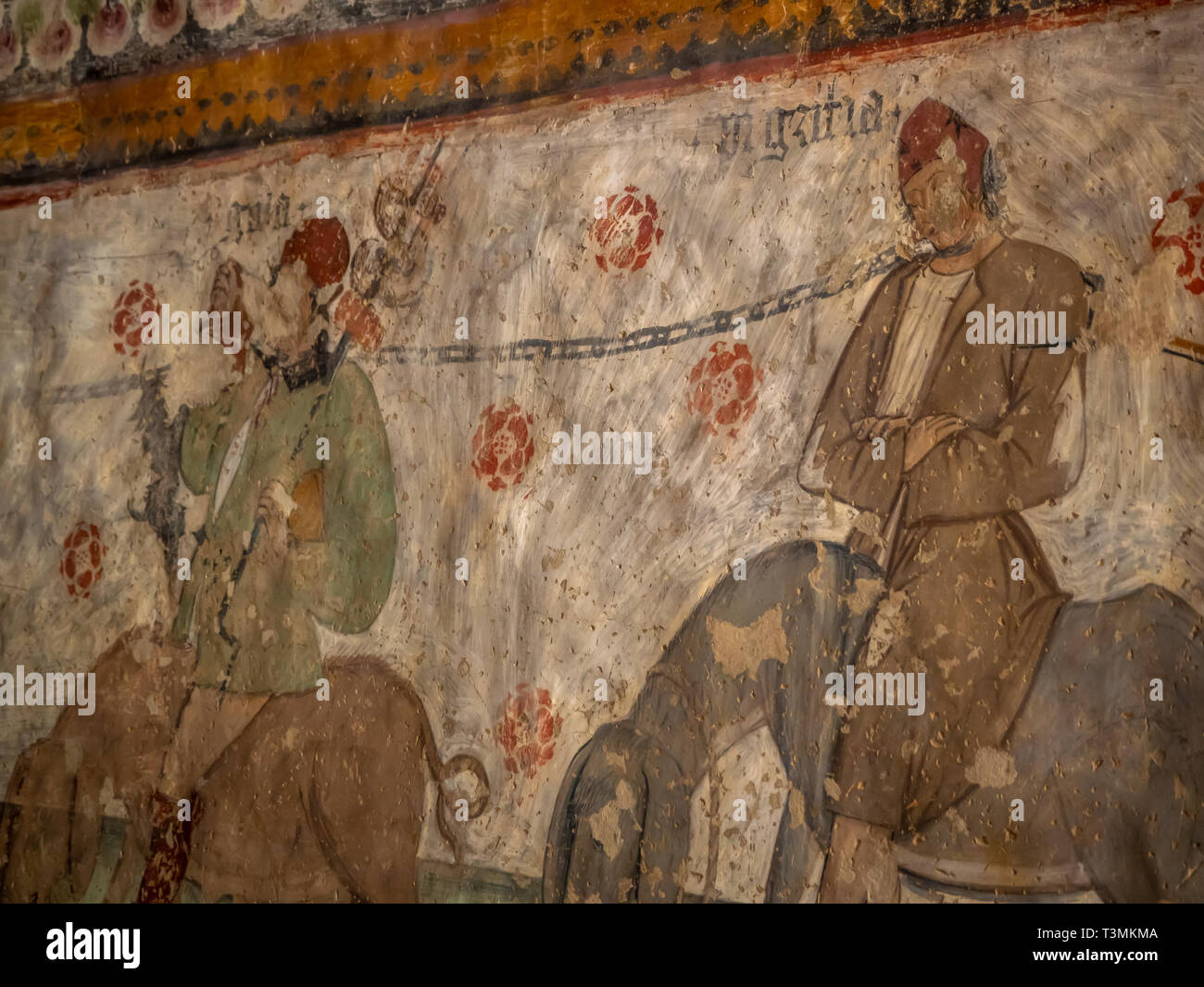 close view of detail of religious fresco inside 15th Century painted ...