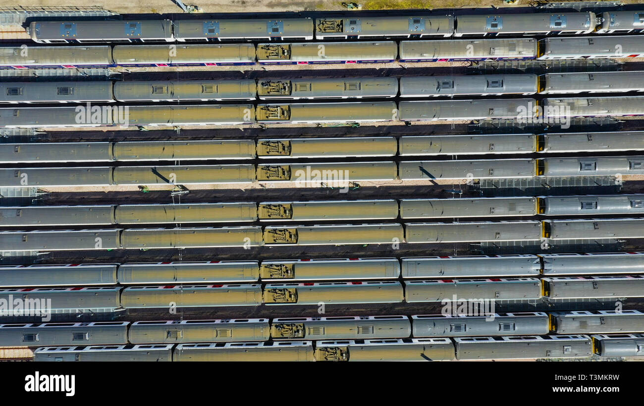 Aerial view over passenger trains in rows at a station Stock Photo - Alamy