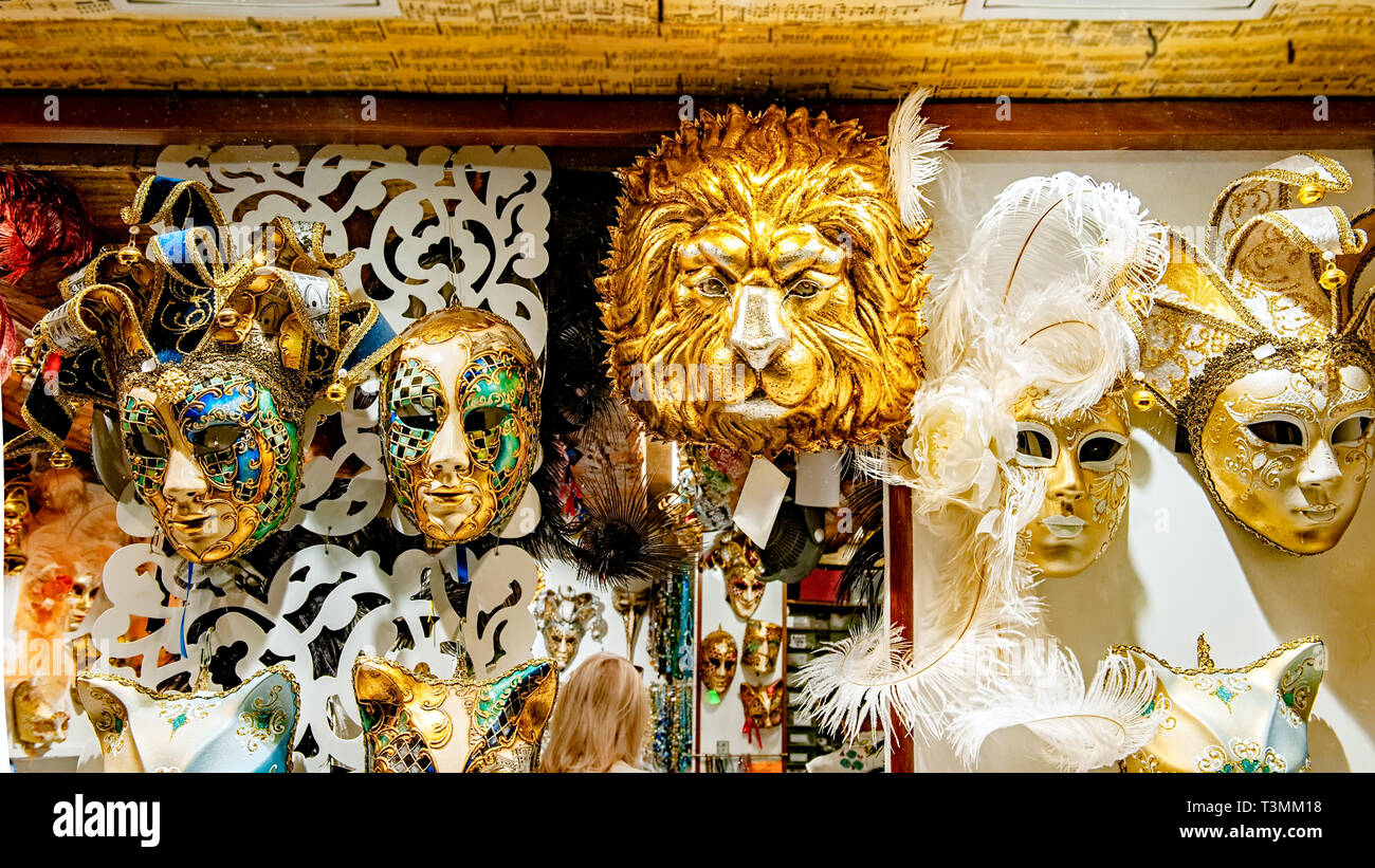 Venetian carnival mask. Street shopping. Famous souvenir. Italian market. Italy Venice Stock ...