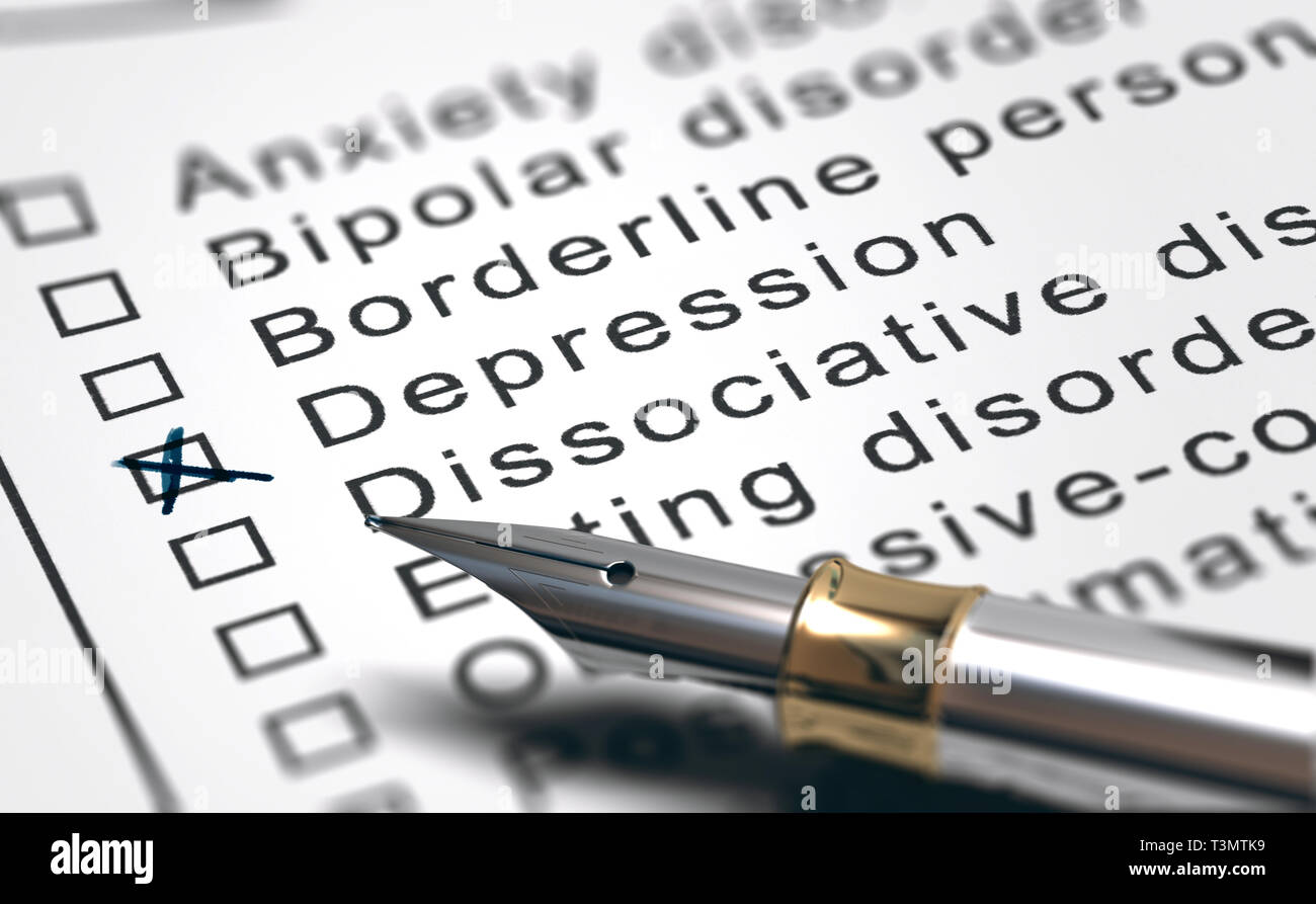 3D illustration of a sheet of paper with a list of mental health ...