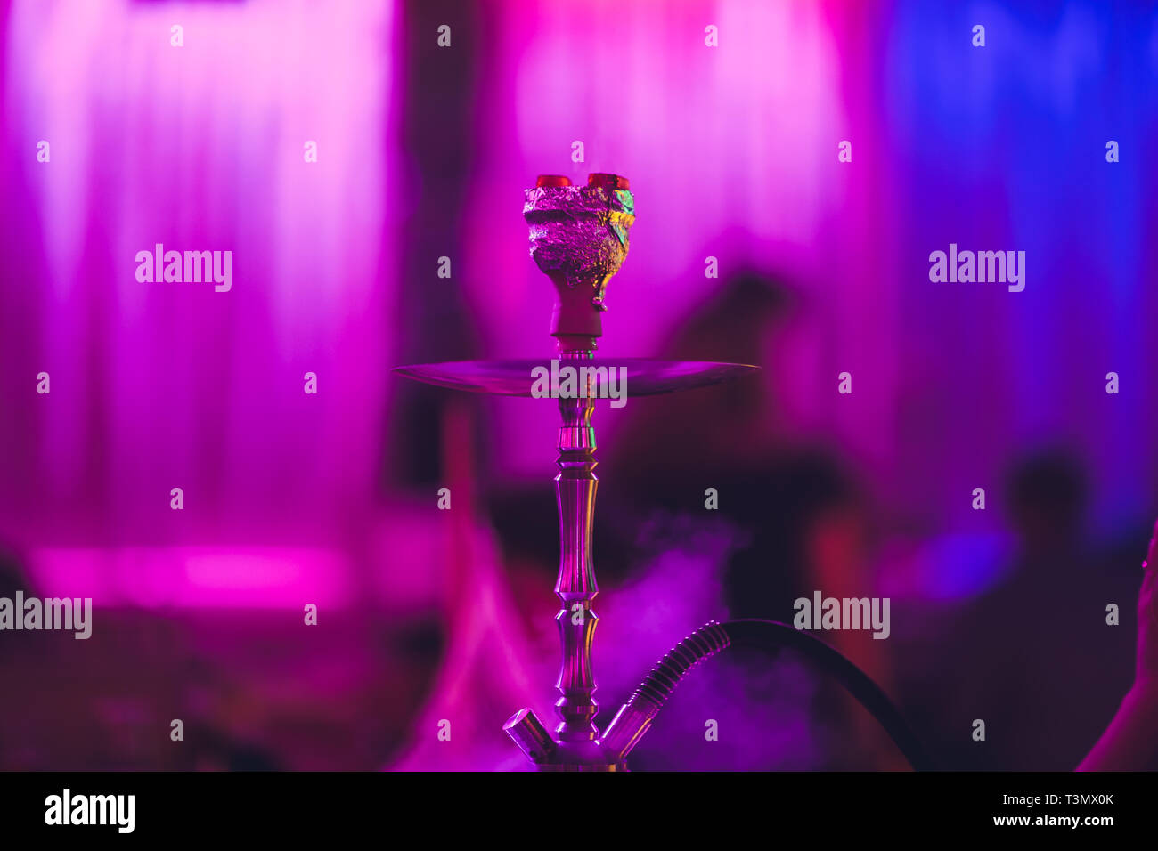 Hookah on a dark background of a blurry bar with a bokeh.Copy space ...