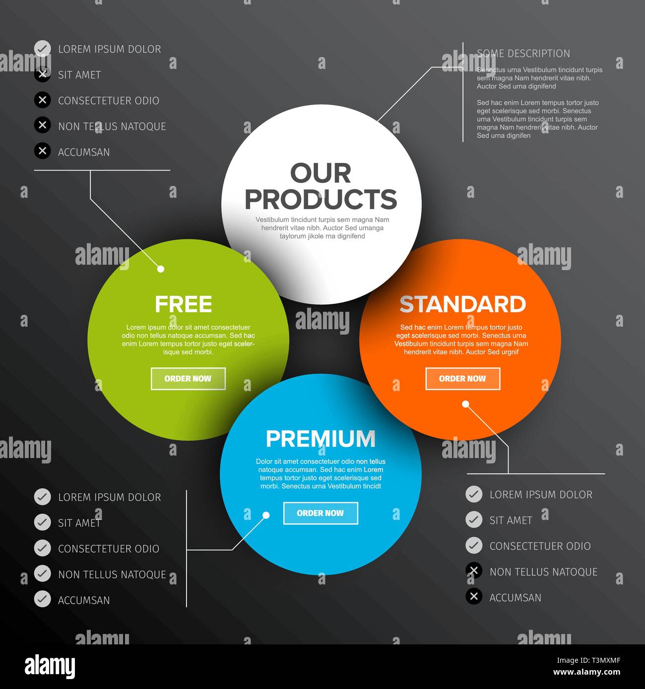 Product features schema template with three services, feature lists ...