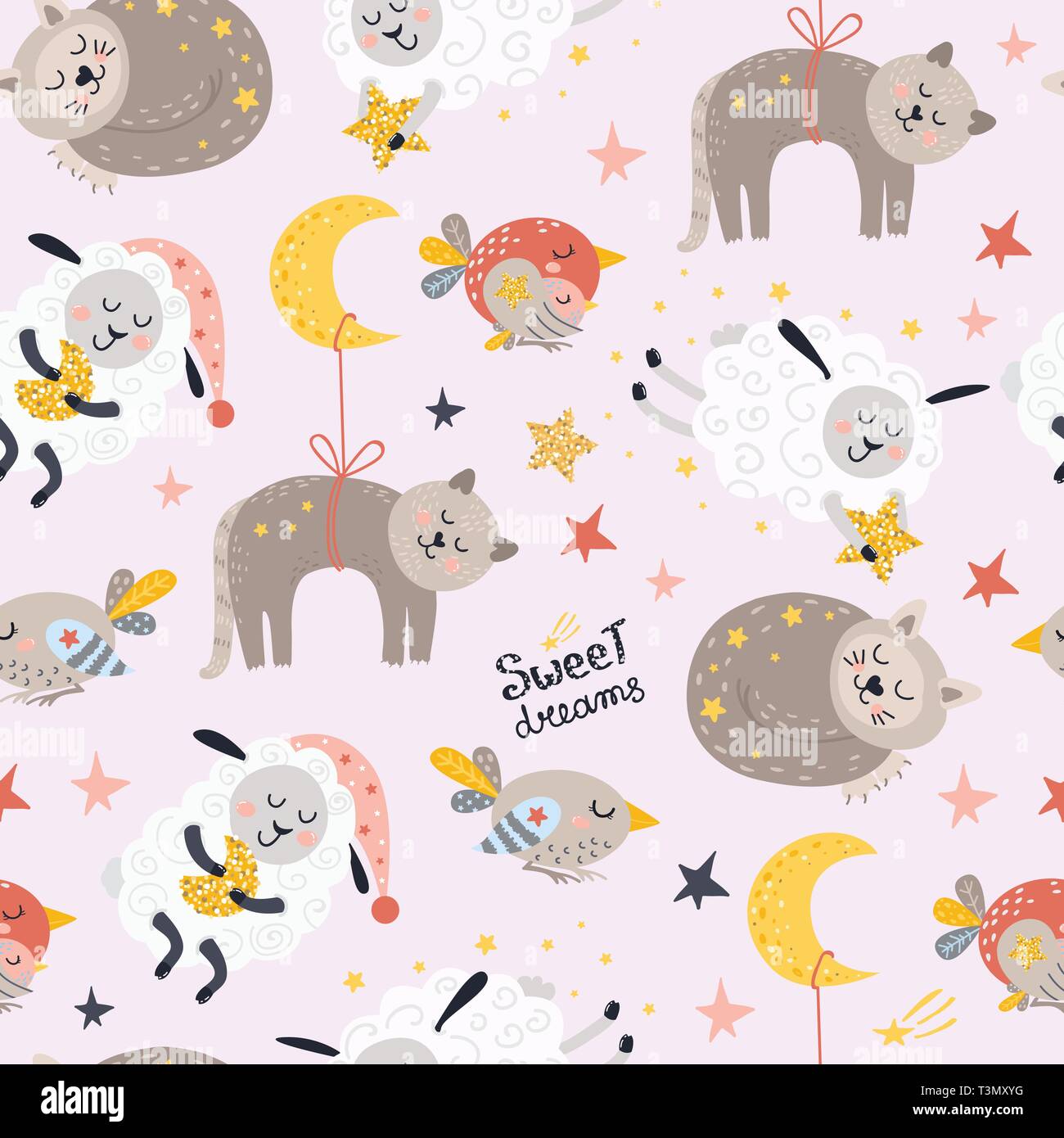 Seamless pattern for girls with sleeping animals. Vector illustration ...
