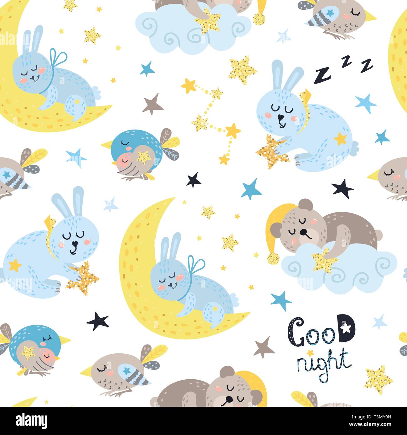 Seamless pattern for boys with sleeping animals. Vector illustration ...