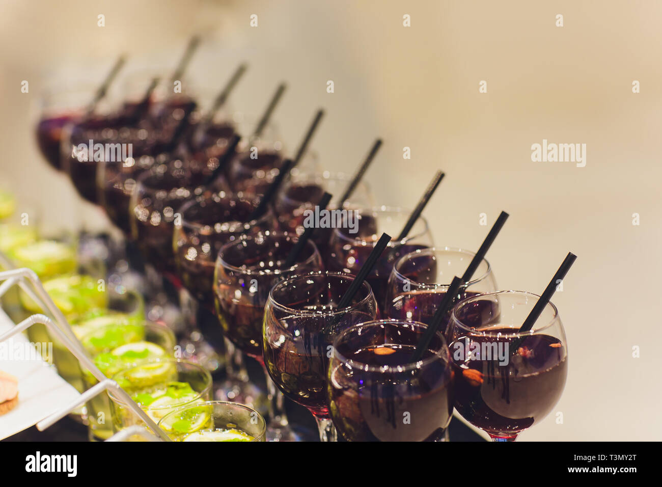 a lot of cold snacks and drinks on buffet table, catering Stock Photo ...