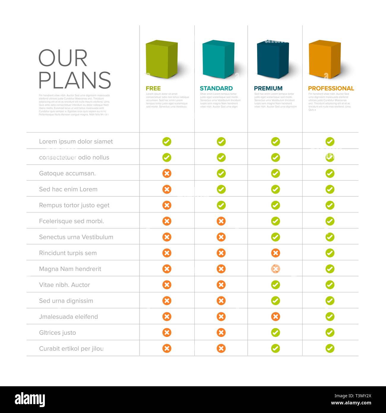 Products features list table template with products or services boxes ...