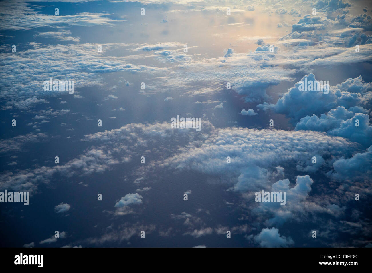 Clear Aerial view from aircraft window flying over Pacific Ocean in ...