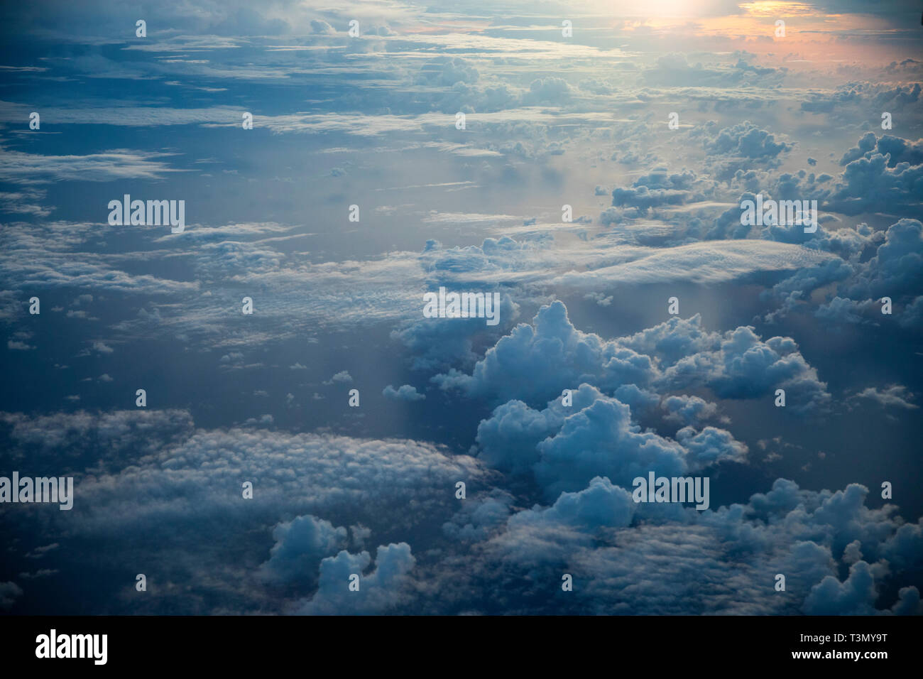 Clear Aerial view from aircraft window flying over Pacific Ocean in ...