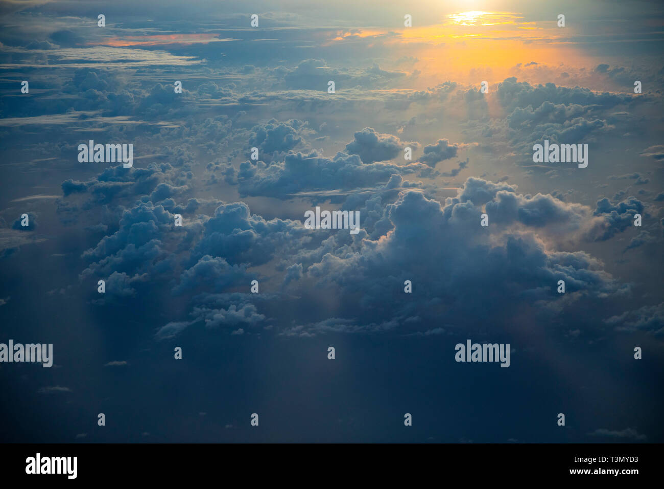 Clear Aerial view from aircraft window flying over Pacific Ocean in ...