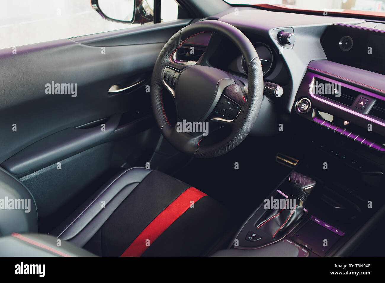 car interior. Modern car speedometer and illuminated dashboard ...