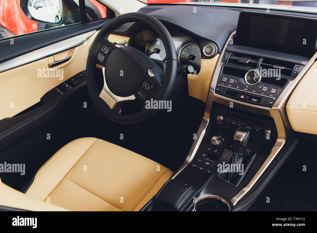 car interior. Modern car speedometer and illuminated dashboard ...