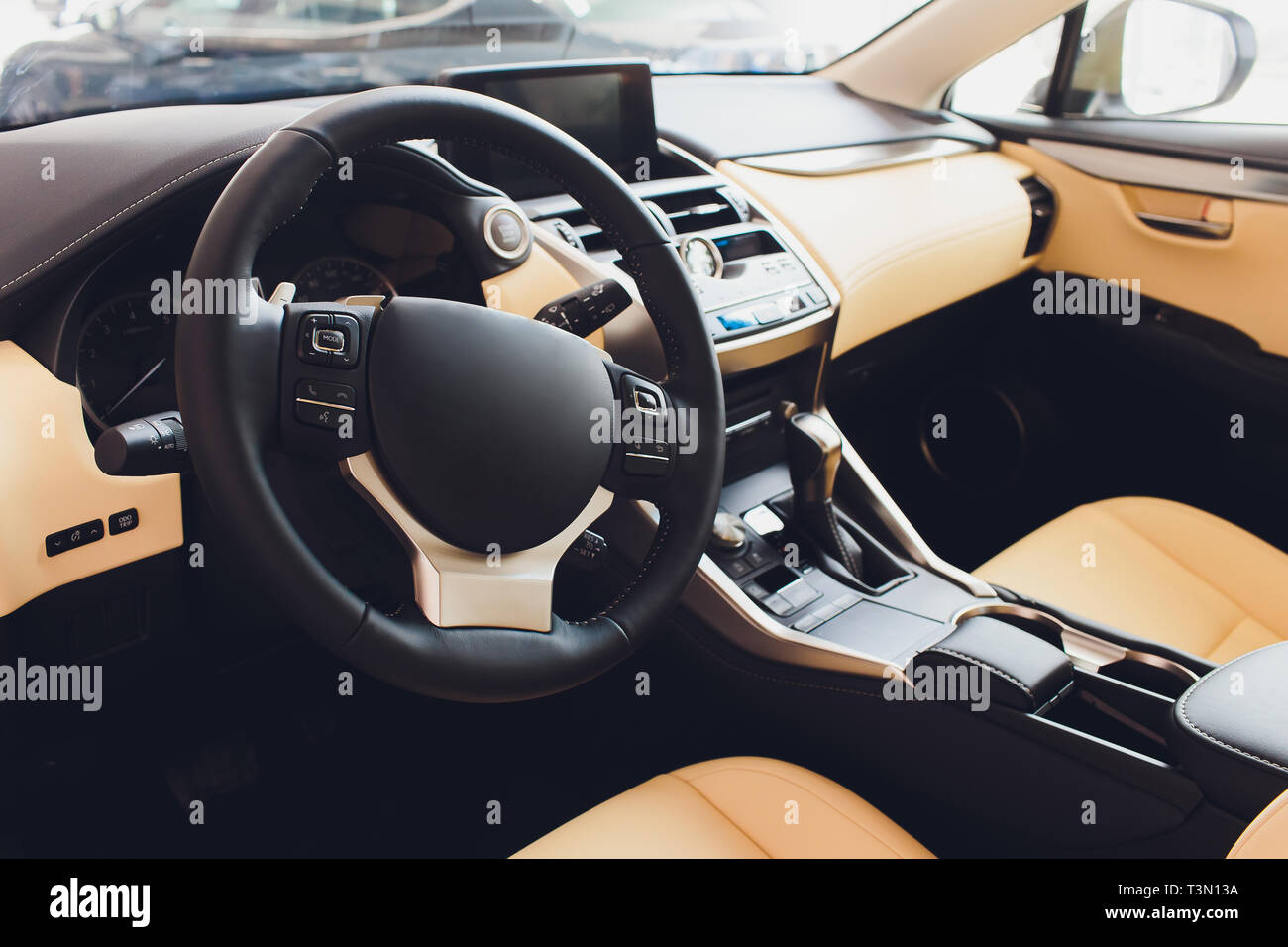 car interior. Modern car speedometer and illuminated dashboard ...