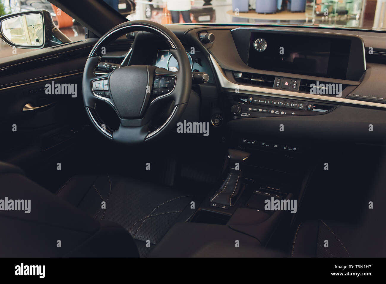 car interior. Modern car speedometer and illuminated dashboard ...