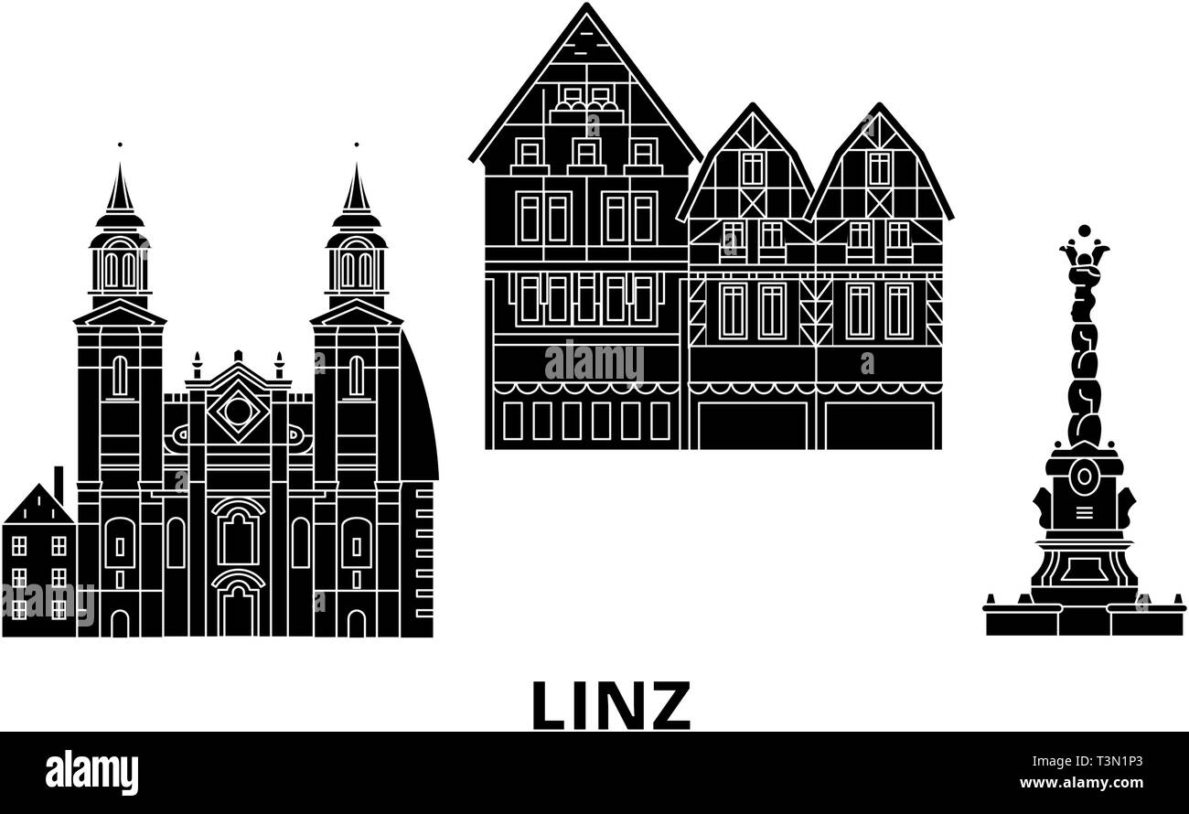 Austria, Linz flat travel skyline set. Austria, Linz black city vector ...