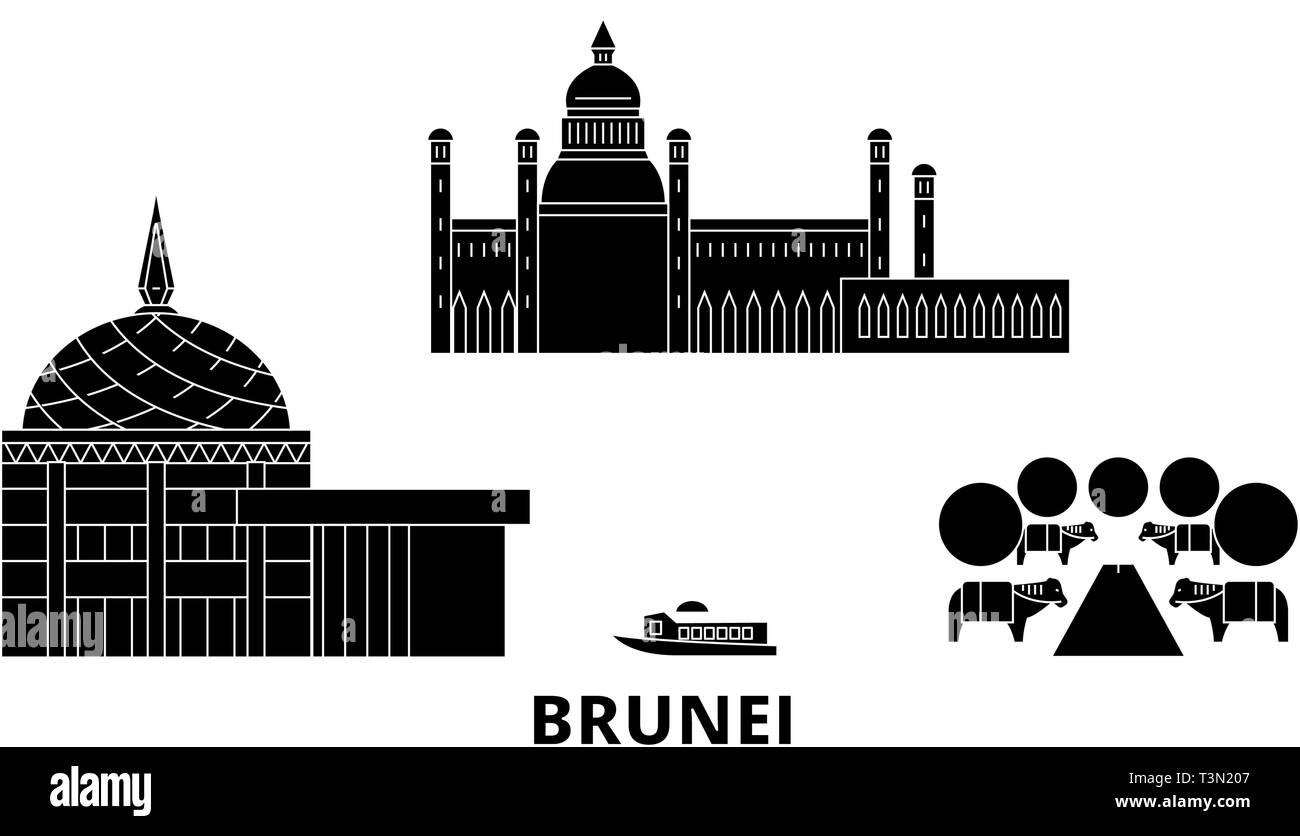Brunei flat travel skyline set. Brunei black city vector illustration ...