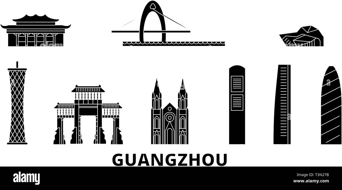China, Guangzhou flat travel skyline set. China, Guangzhou black city ...