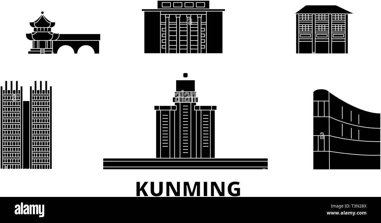 China, Kunming flat travel skyline set. China, Kunming black city ...