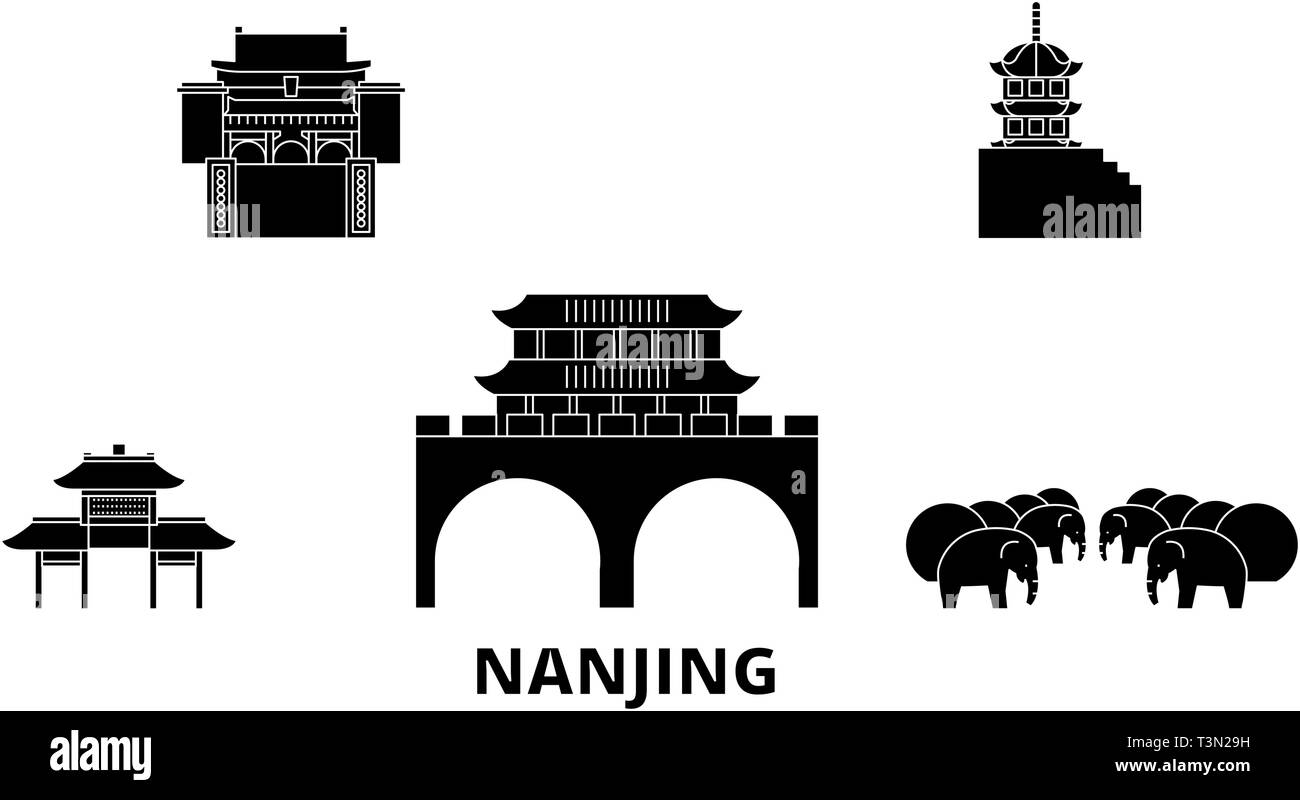 China, Nanjing flat travel skyline set. China, Nanjing black city ...