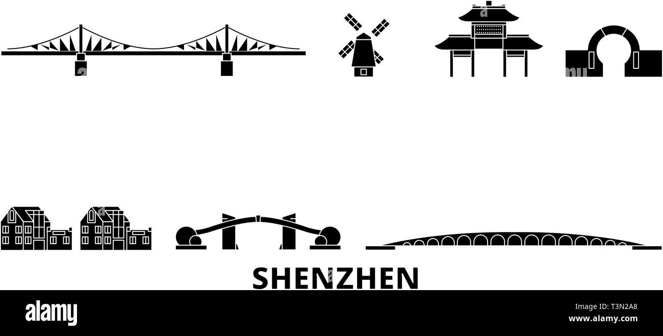 China, Shenzhen flat travel skyline set. China, Shenzhen black city ...