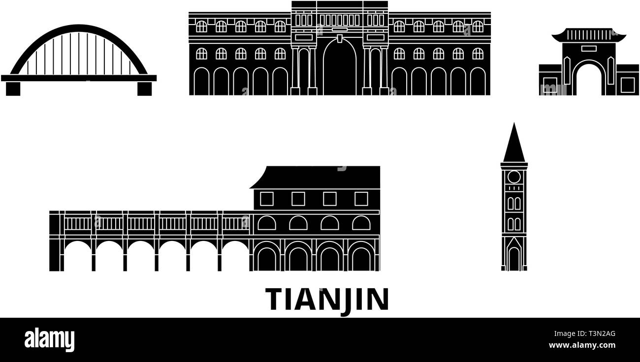 China, Tianjin City flat travel skyline set. China, Tianjin City black ...