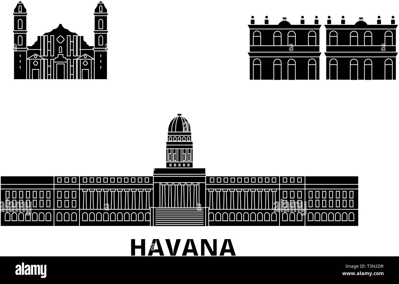 Cuba, Havana City flat travel skyline set. Cuba, Havana City black city ...