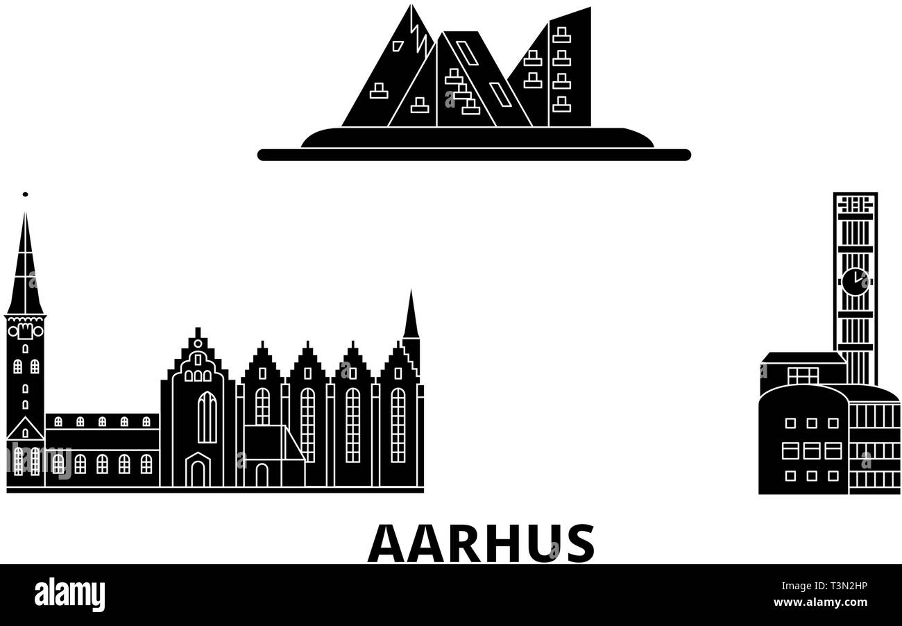 Denmark, Aarhus flat travel skyline set. Denmark, Aarhus black city vector illustration, symbol ...
