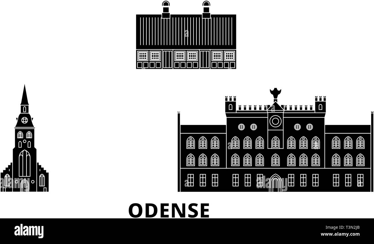 Denmark, Odense flat travel skyline set. Denmark, Odense black city vector illustration, symbol ...